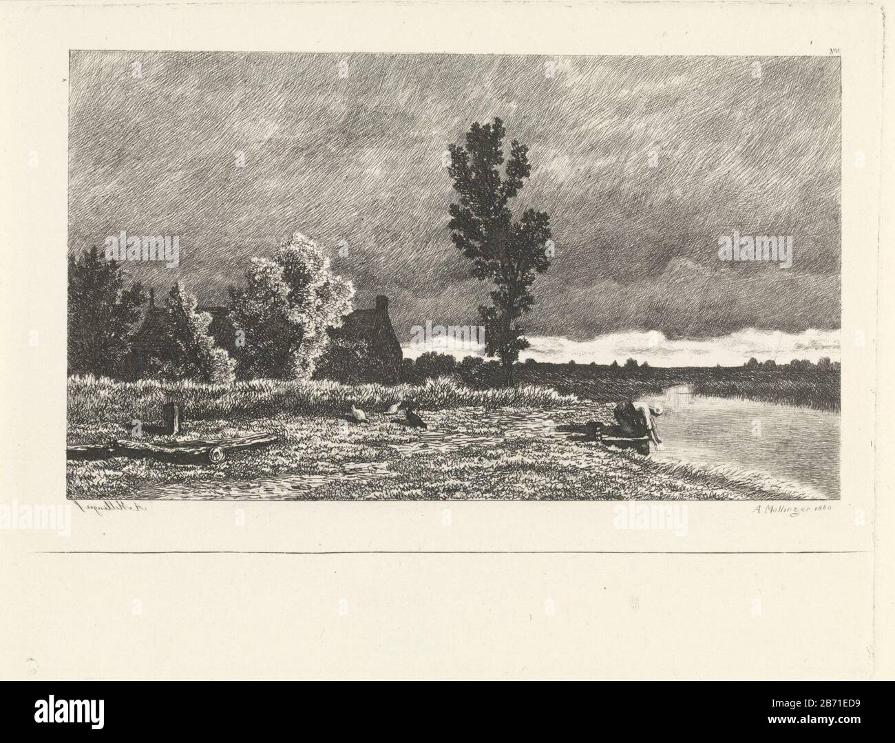 Landschap met een vrouw die de was doet on a dock on the water a woman ...