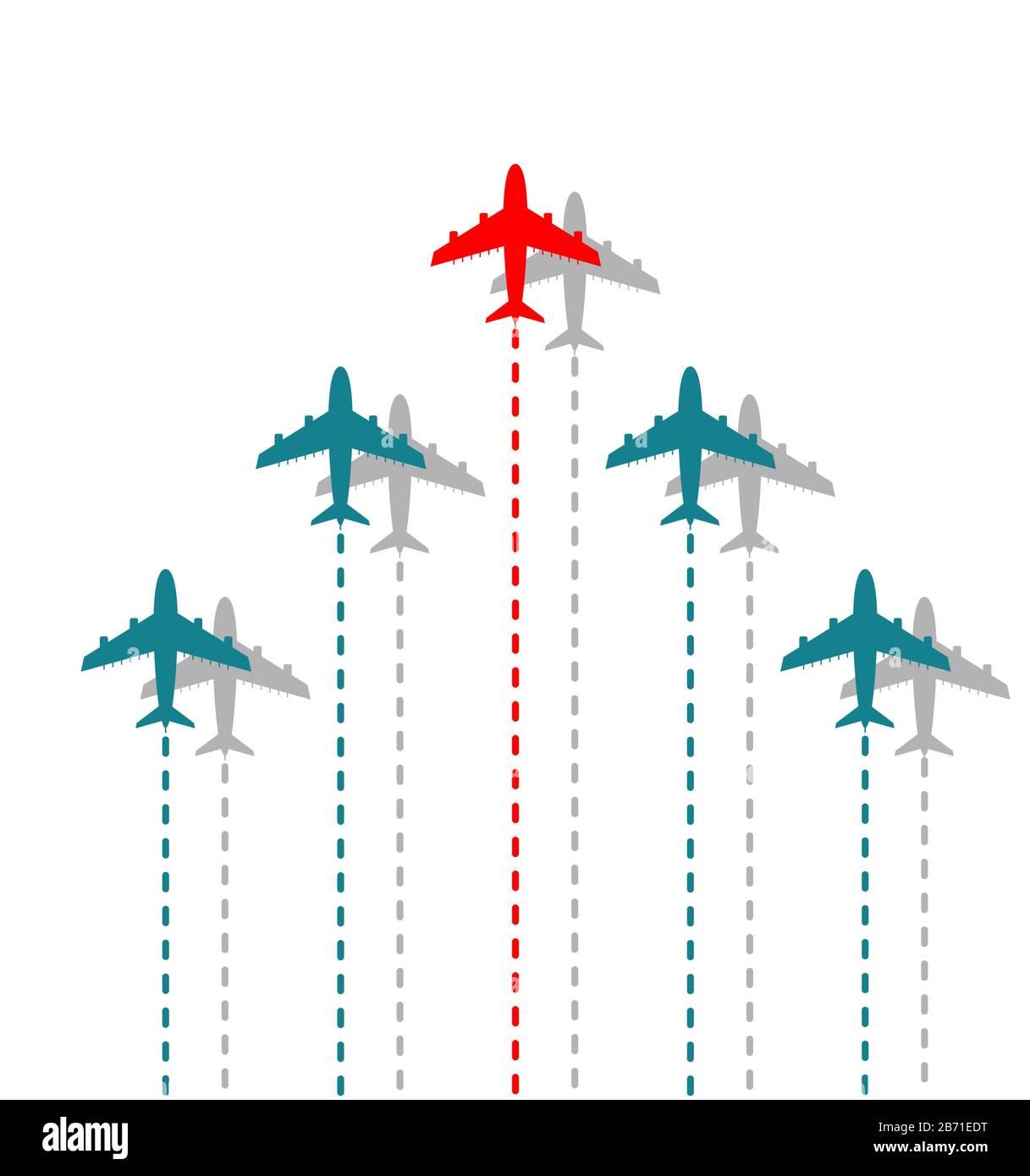 Business leadership concept with red plane leading airplanes above in ...