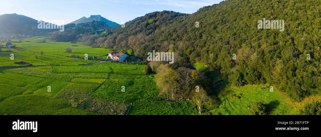 Aerial view of the countryside and the Cantabrian oak forest in the ...