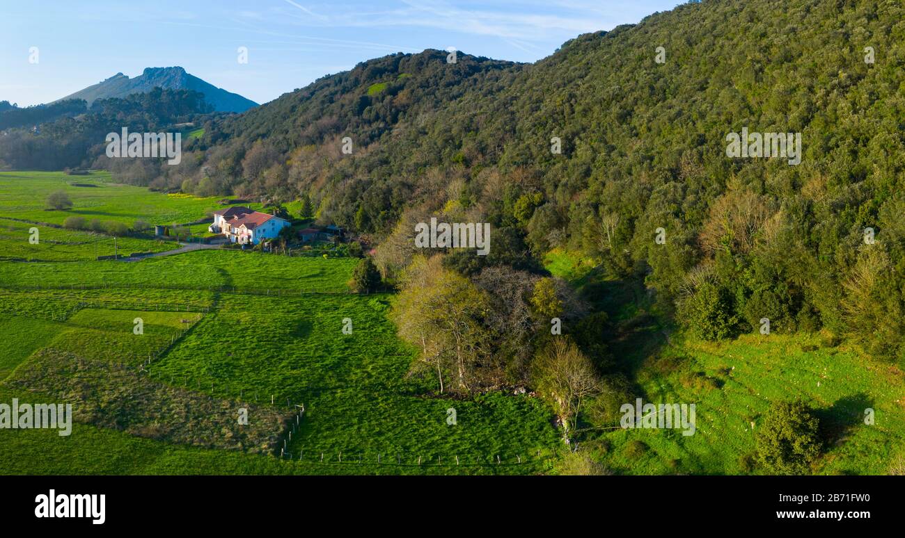 Aerial view of the countryside and the Cantabrian oak forest in the ...