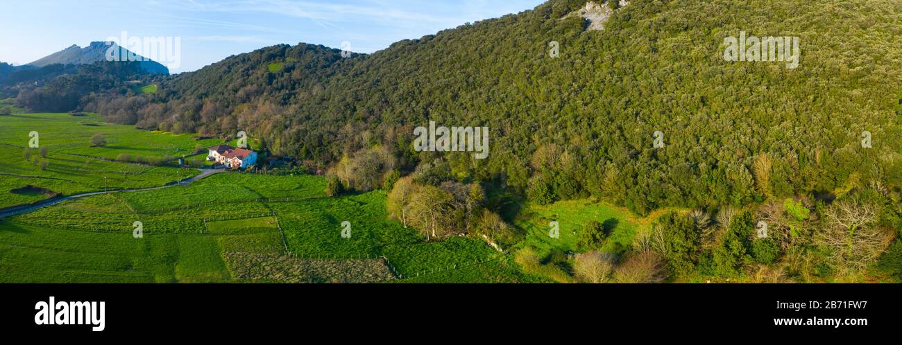 Aerial view of the countryside and the Cantabrian oak forest in the ...