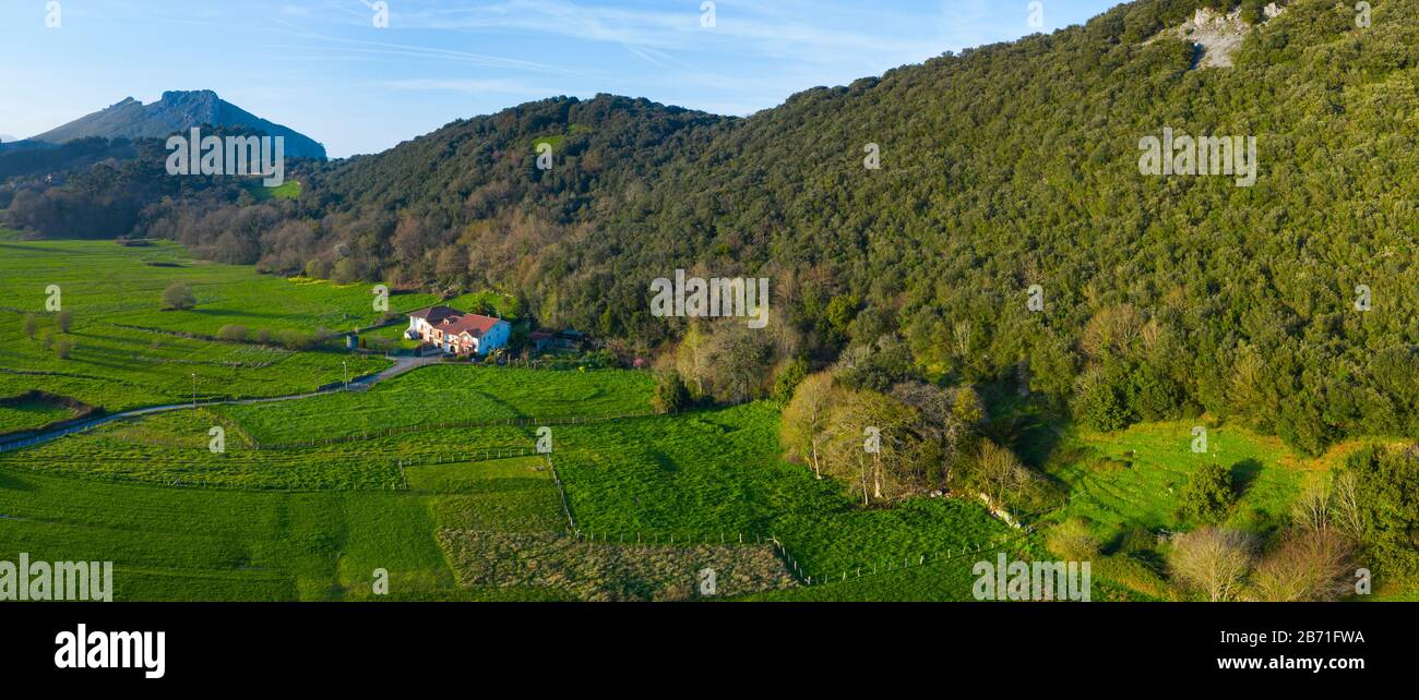Aerial view of the countryside and the Cantabrian oak forest in the ...
