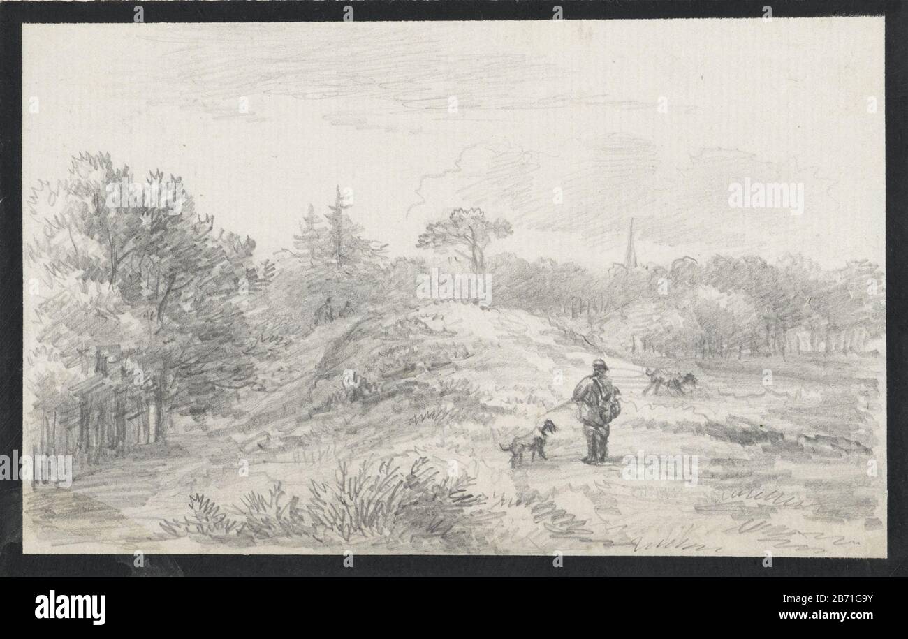 Landschap met jager en honden, in heuvelachtig terrein Landscape with hunter and dogs, in hilly ...