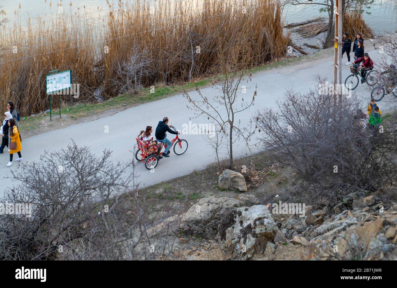 Ankara/Turkey-March 08 2020: Aerial view of people walking and biking ...