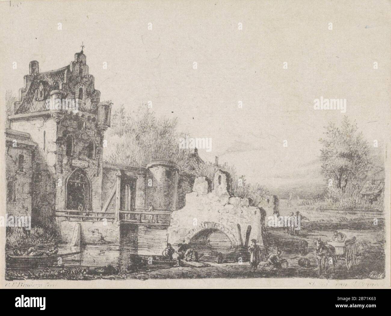 Right of the drawbridge are several figures and a horse and carriage ...