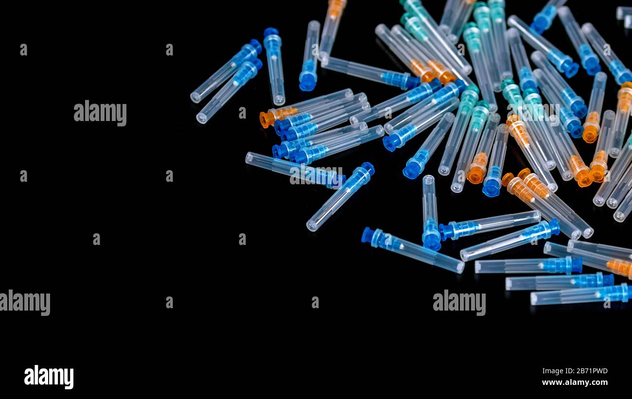 Medical Sterile Needles, Close up Needle on Black Background, Health ...