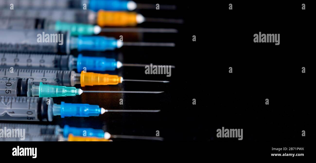 Medical Syringes with Needle on Black Background, Close up Syringe ...