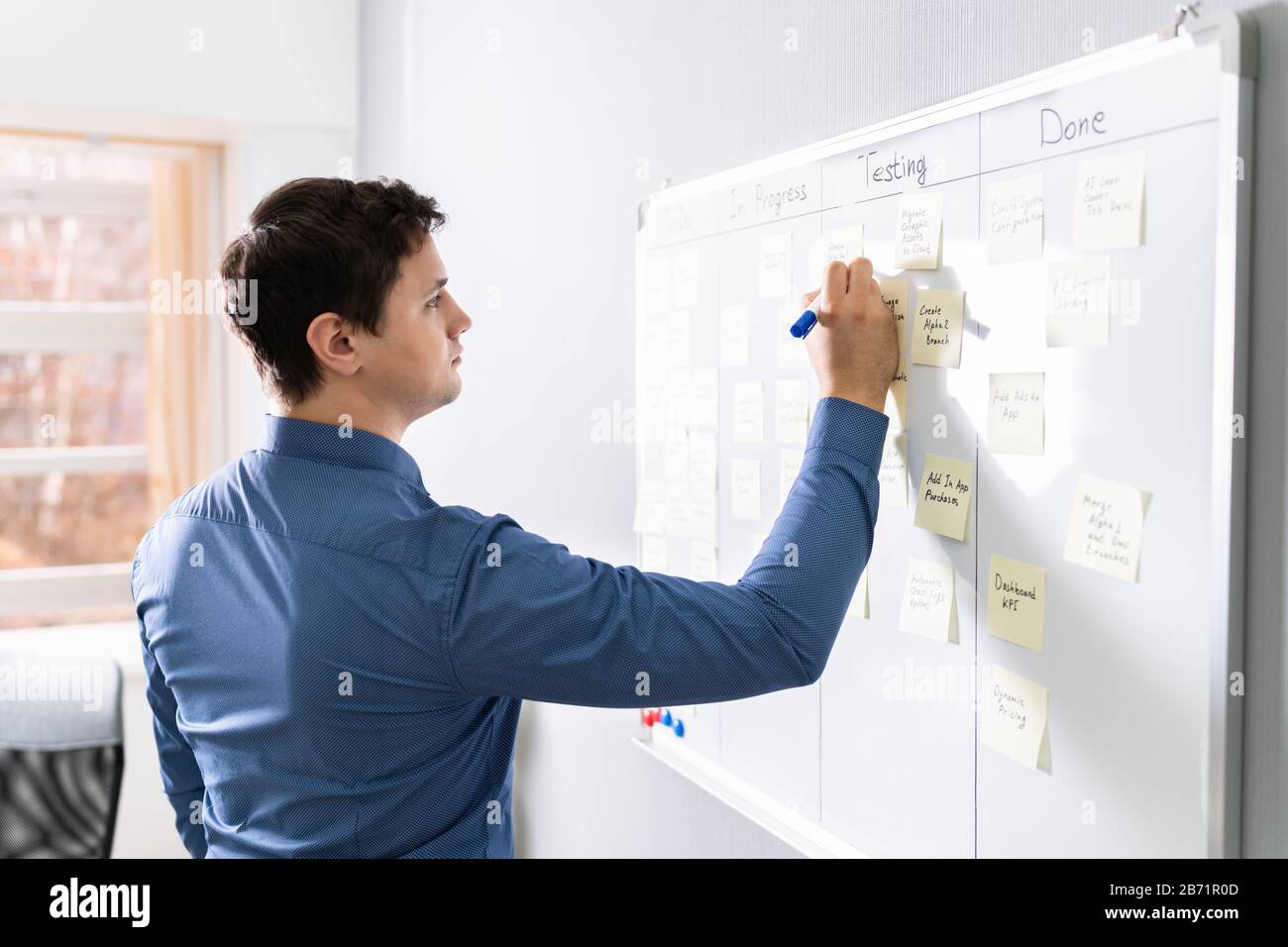 Side View Of Businessman Writing On Sticky Notes Attached To White ...