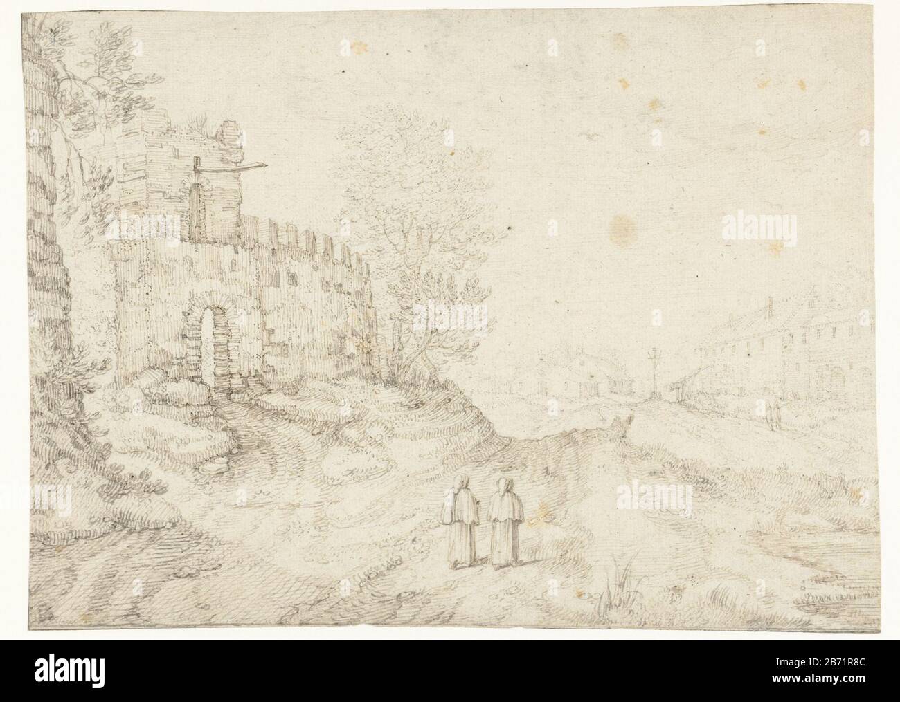 Landweg langs stadsmuur en klooster Country Road along city wall and ...