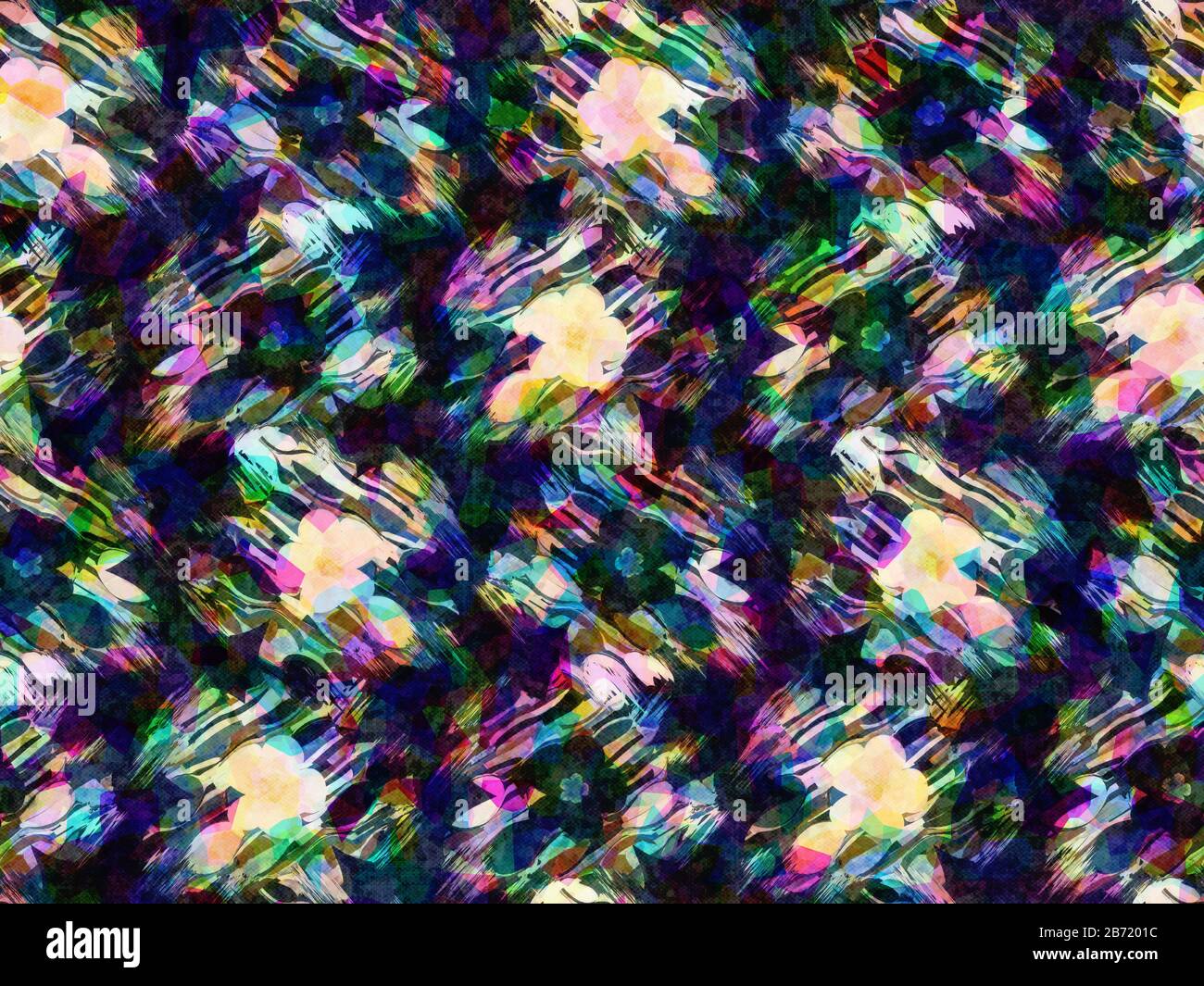 Vibrant painterly dark glitch flower seamless pattern. Vivid digital ...