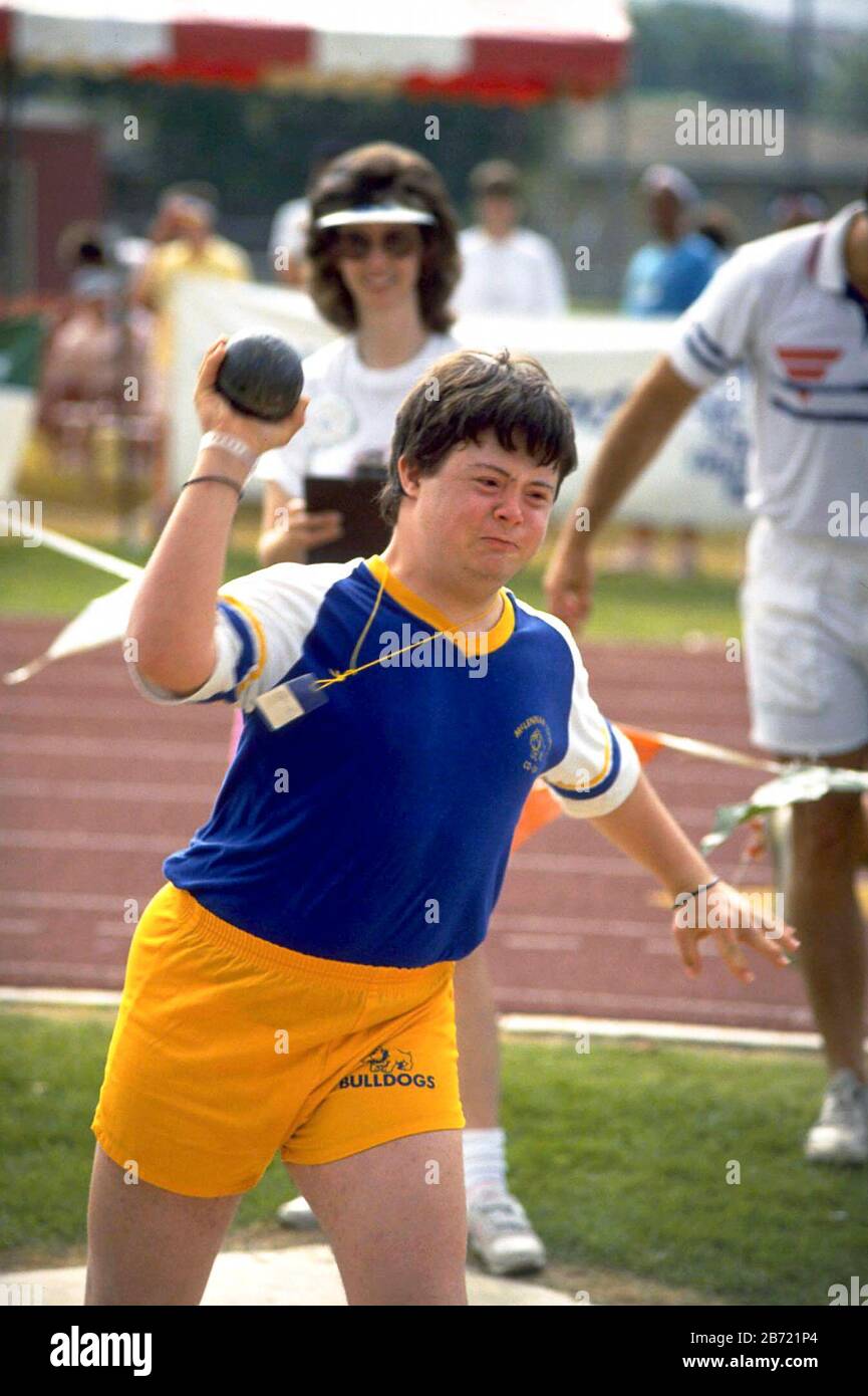 Austin Texas USA: Young female athlete competes in shot put at the ...