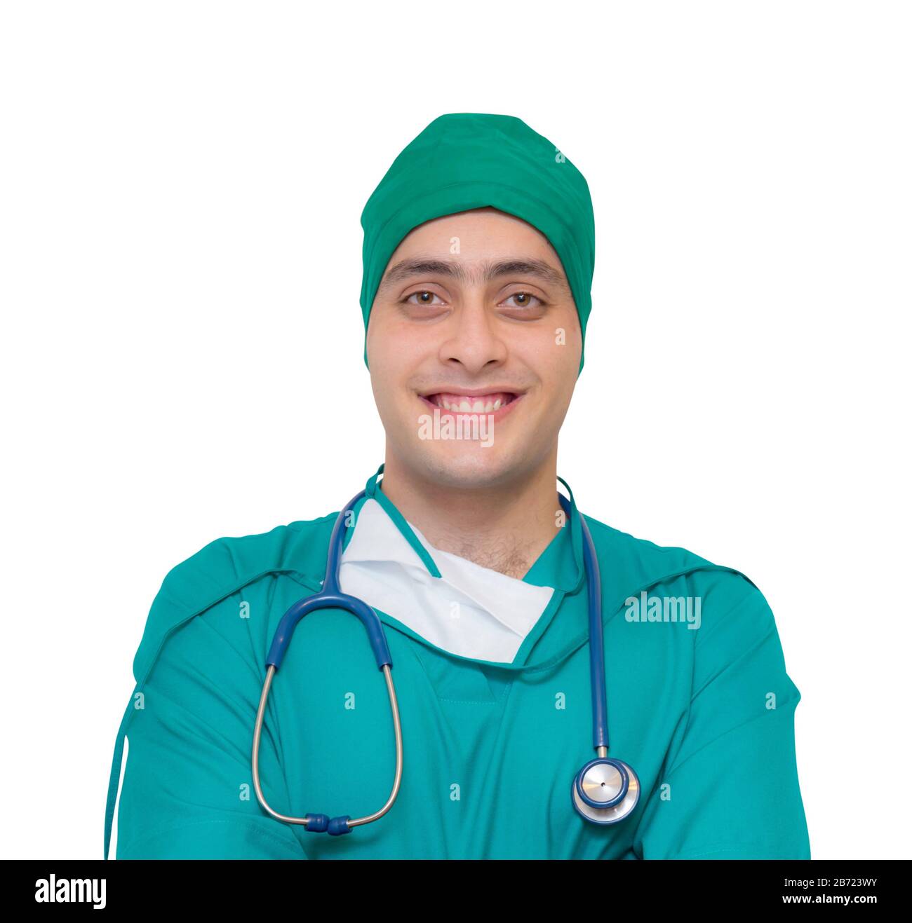 Portrait of a male surgeon - Isolated on white background - Smiling ...