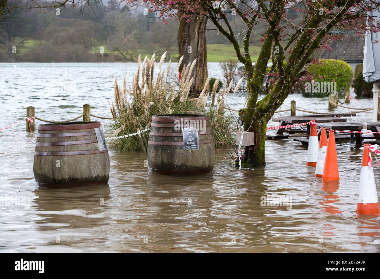 Flooding caused by Storm Ciara at Lake windermere in Ambleside, Lake ...