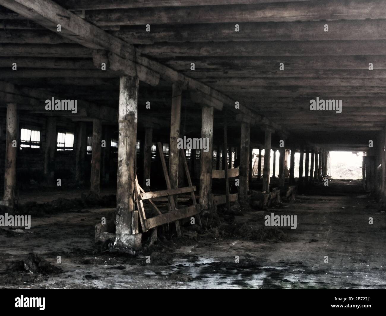 Abandoned scary dark animal farm. The industrial building for a farm of ...