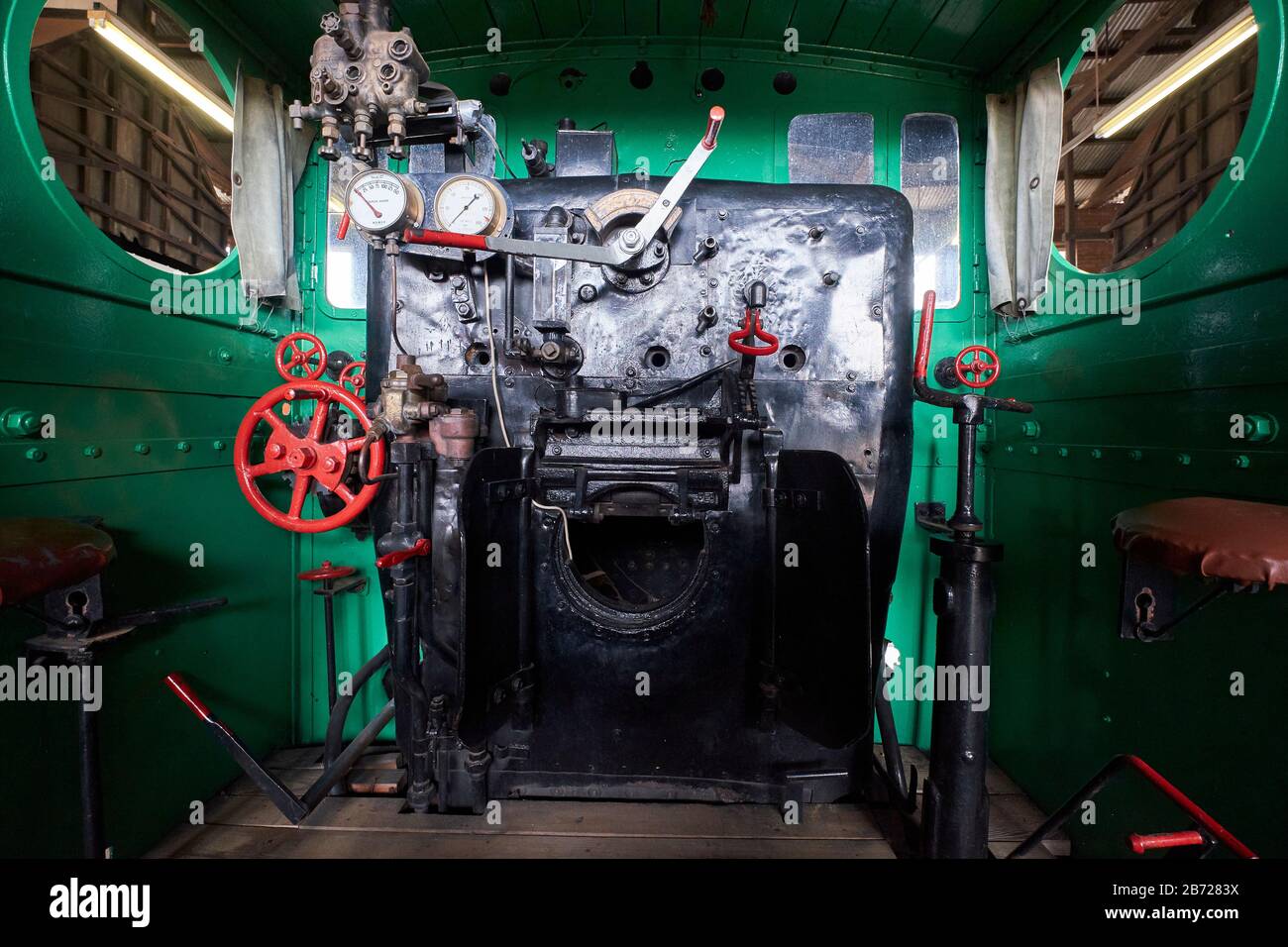 The boiler control of a black, steam, Z24 locomotive at the Roundhouse ...
