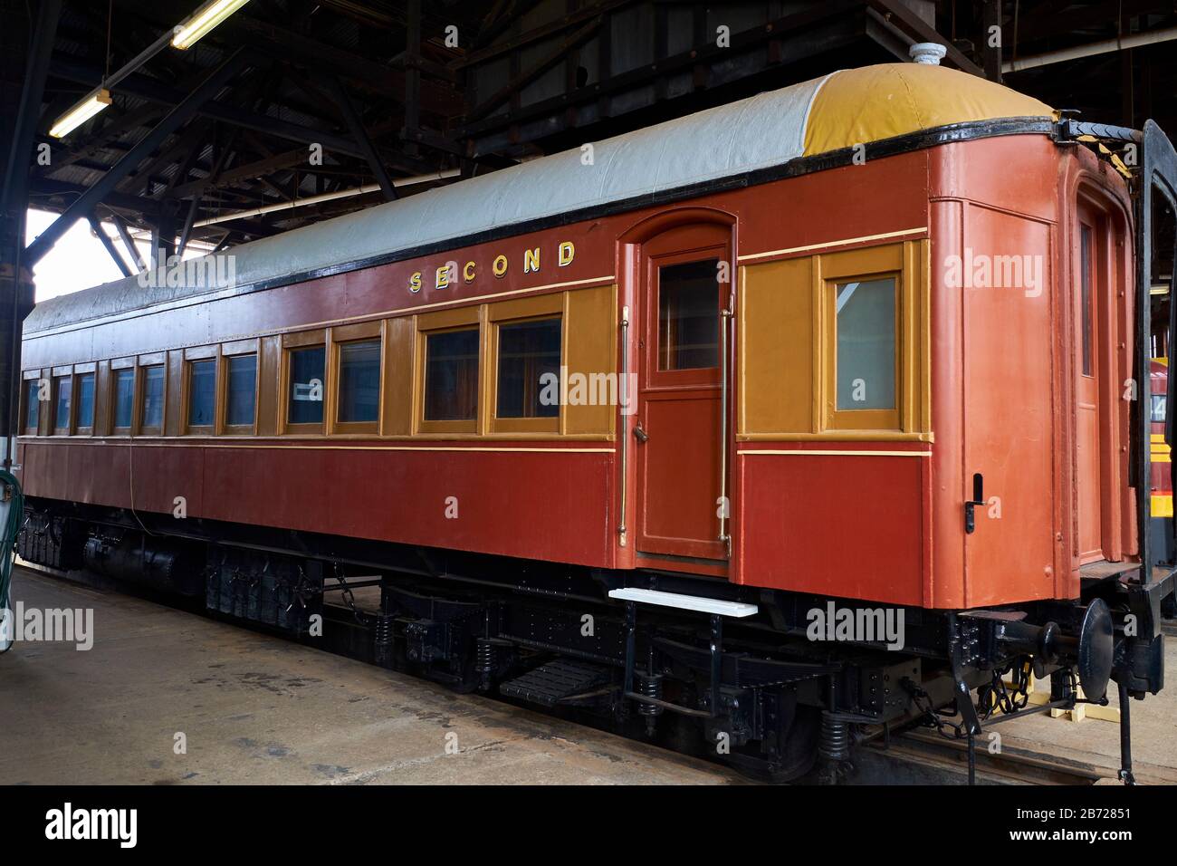 Exterior of a Second Class rail car at the Roundhouse Railway Museum ...