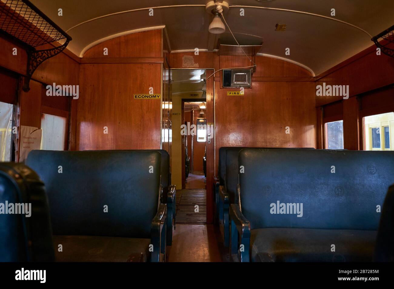 Interior of a multi class rail car at the Roundhouse Railway Museum. In ...
