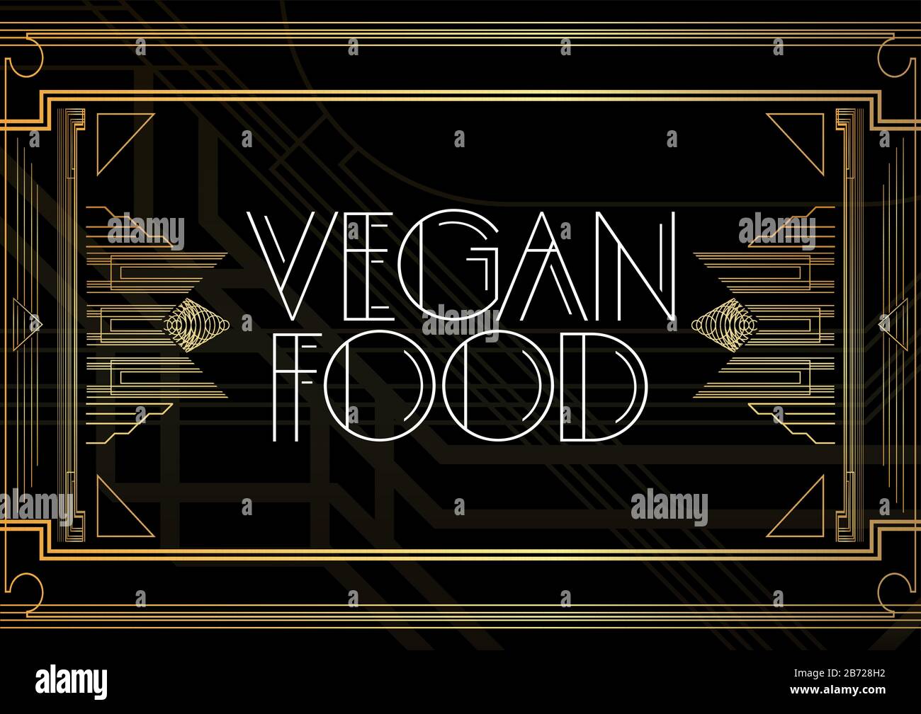Art Deco Vegan Food text. Golden decorative greeting card, sign with ...