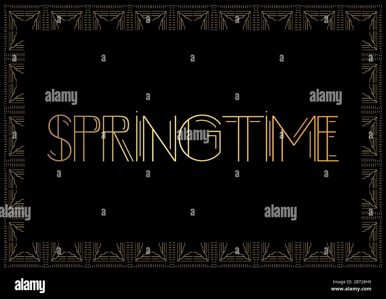 Art Deco Springtime text. Golden decorative greeting card, sign with ...
