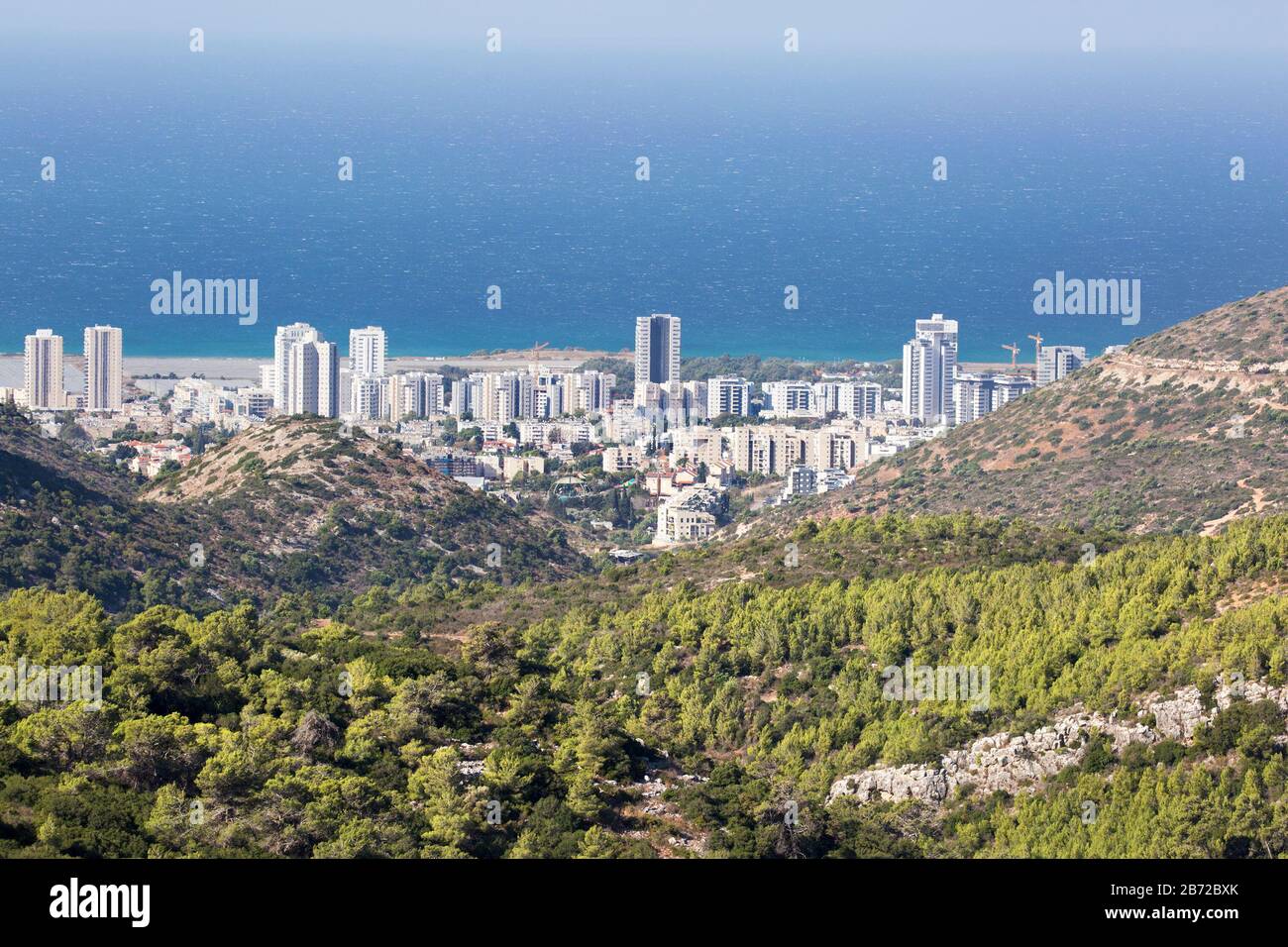 City of Haifa on the Mediterranean coast, view from the lower slopes of ...