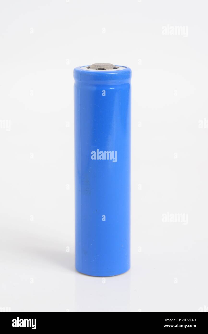 Blue 18650 Rechargeable Li-ion Battery on white background Stock Photo ...