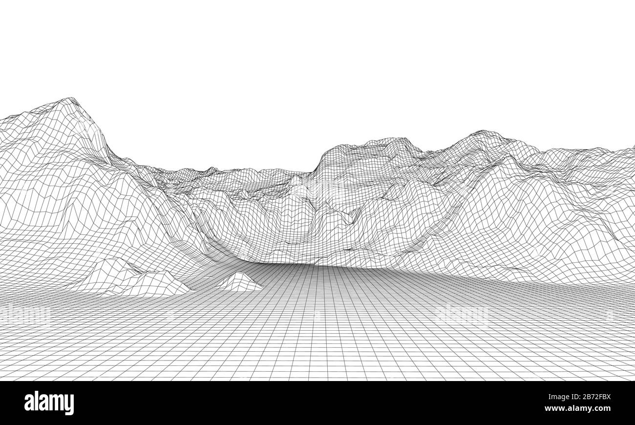 Abstract 3d wire-frame landscape. Blueprint style. Vector rendering from 3D model. Geology ...