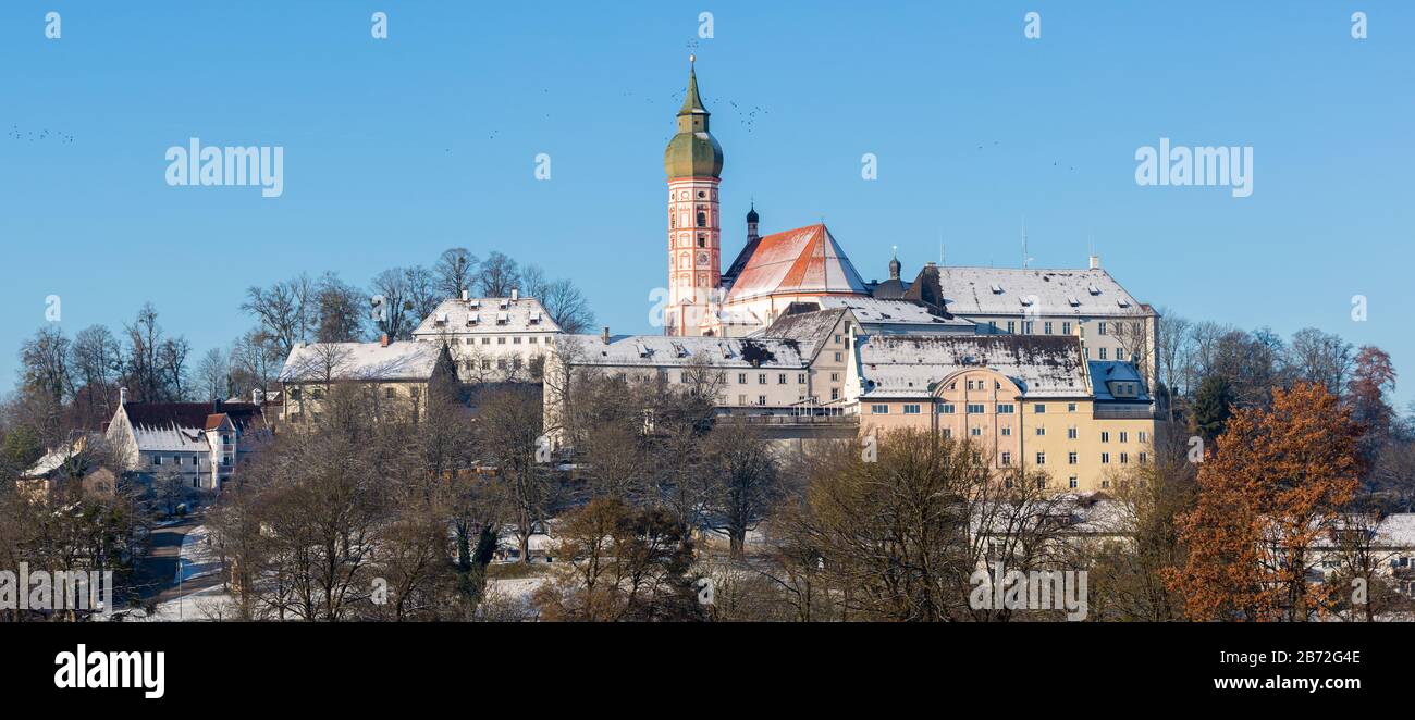 Panorama view on Andechs Monastery (Kloster Andechs). Famous bavarian pilgrimage site and ...