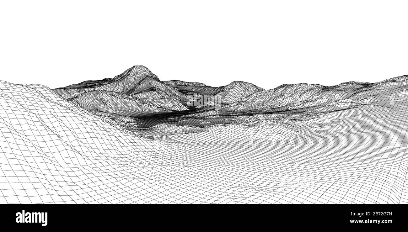Abstract 3d wire-frame landscape. Blueprint style. Vector rendering ...