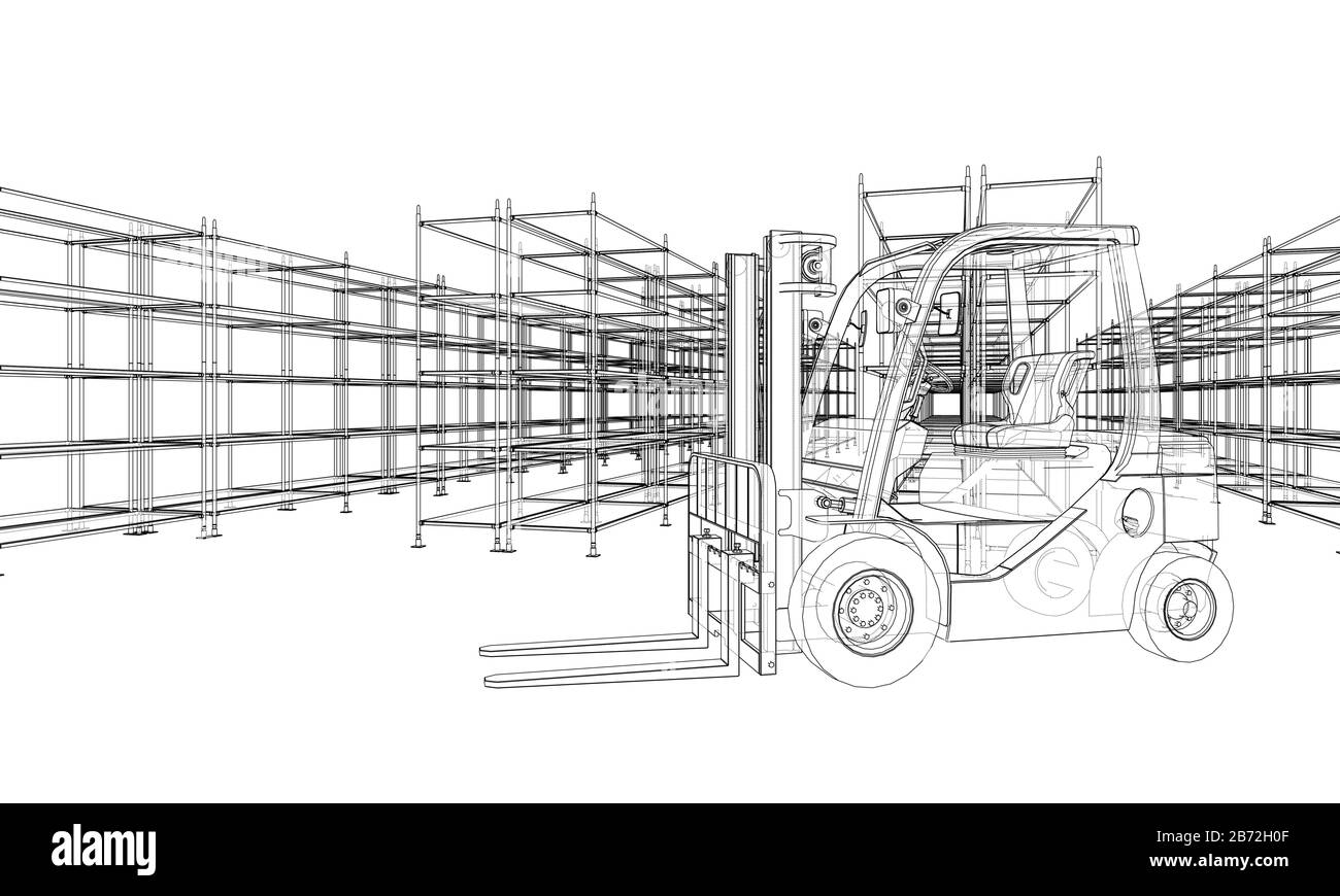 Warehouse shelves and forklift. Blueprint style. Vector rendering from ...