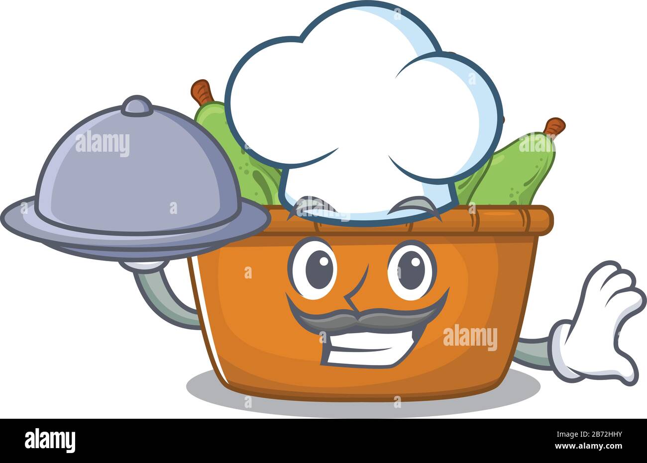 Pear fruit box as a chef cartoon character with food on tray Stock ...