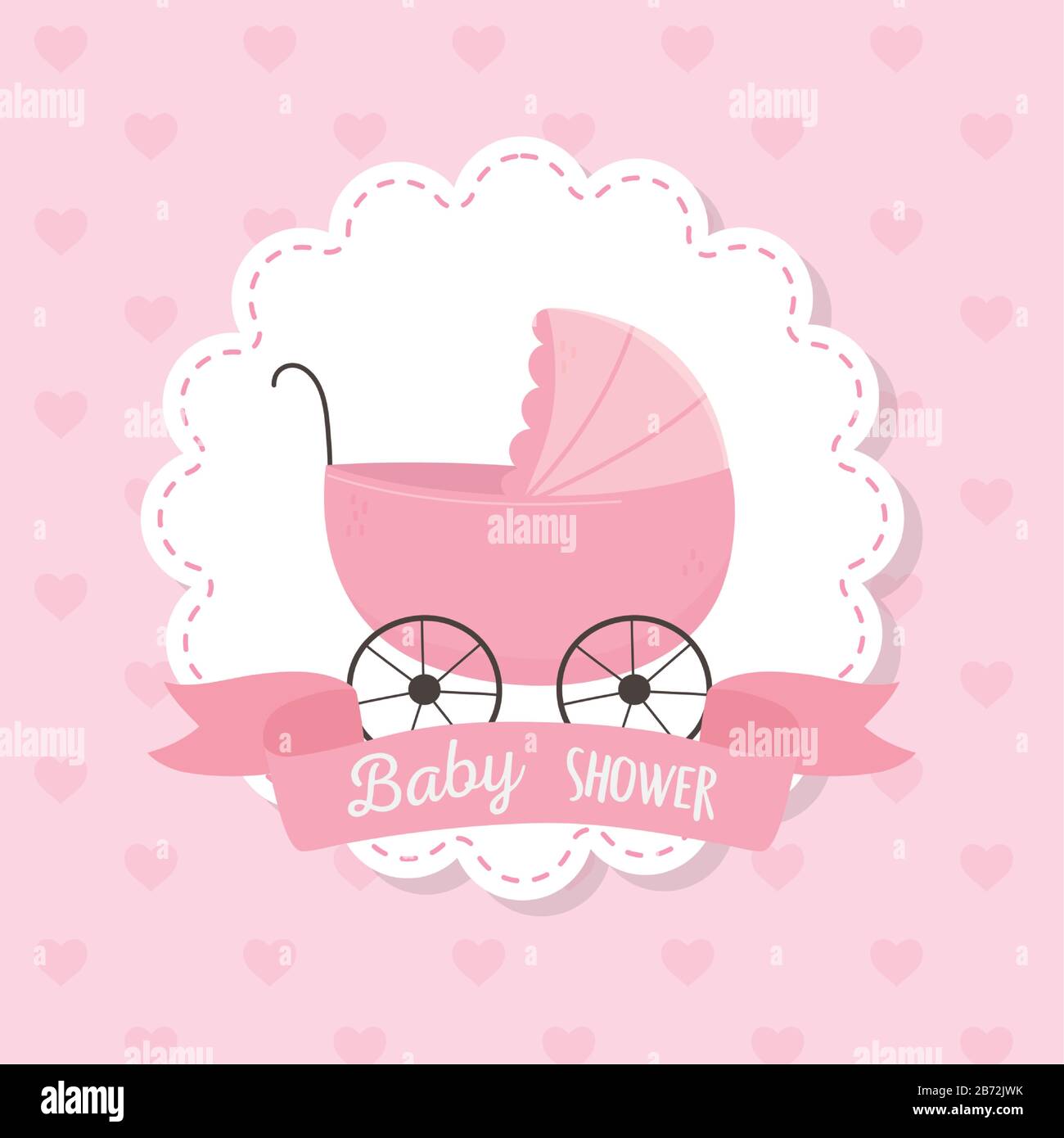baby shower, pink pram ribbon label decoration hearts background vector ...