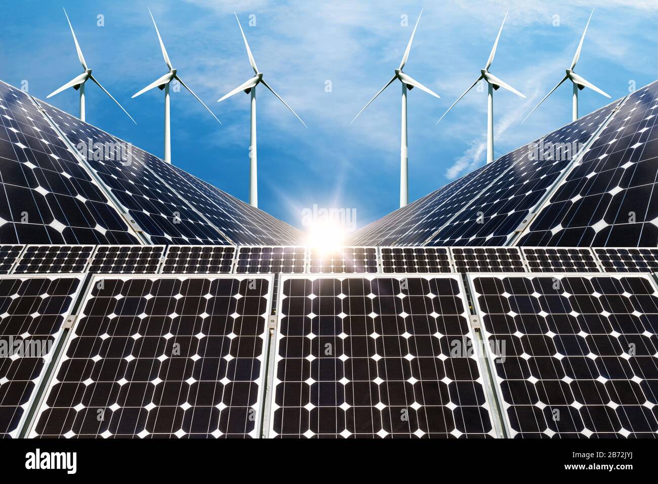 Photo collage of solar panels and wind turbins - concept of sustainable ...