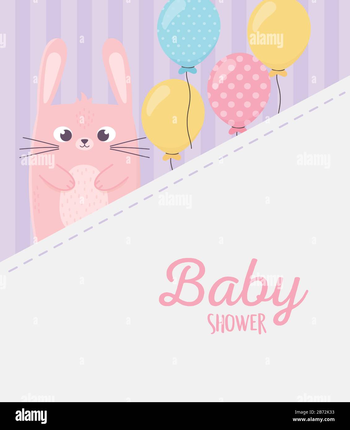 baby shower, rabbit with balloons purple stripes background vector ...