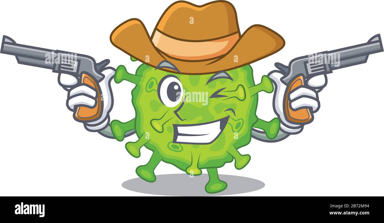 Funny virus corona cell as a cowboy cartoon character holding guns ...