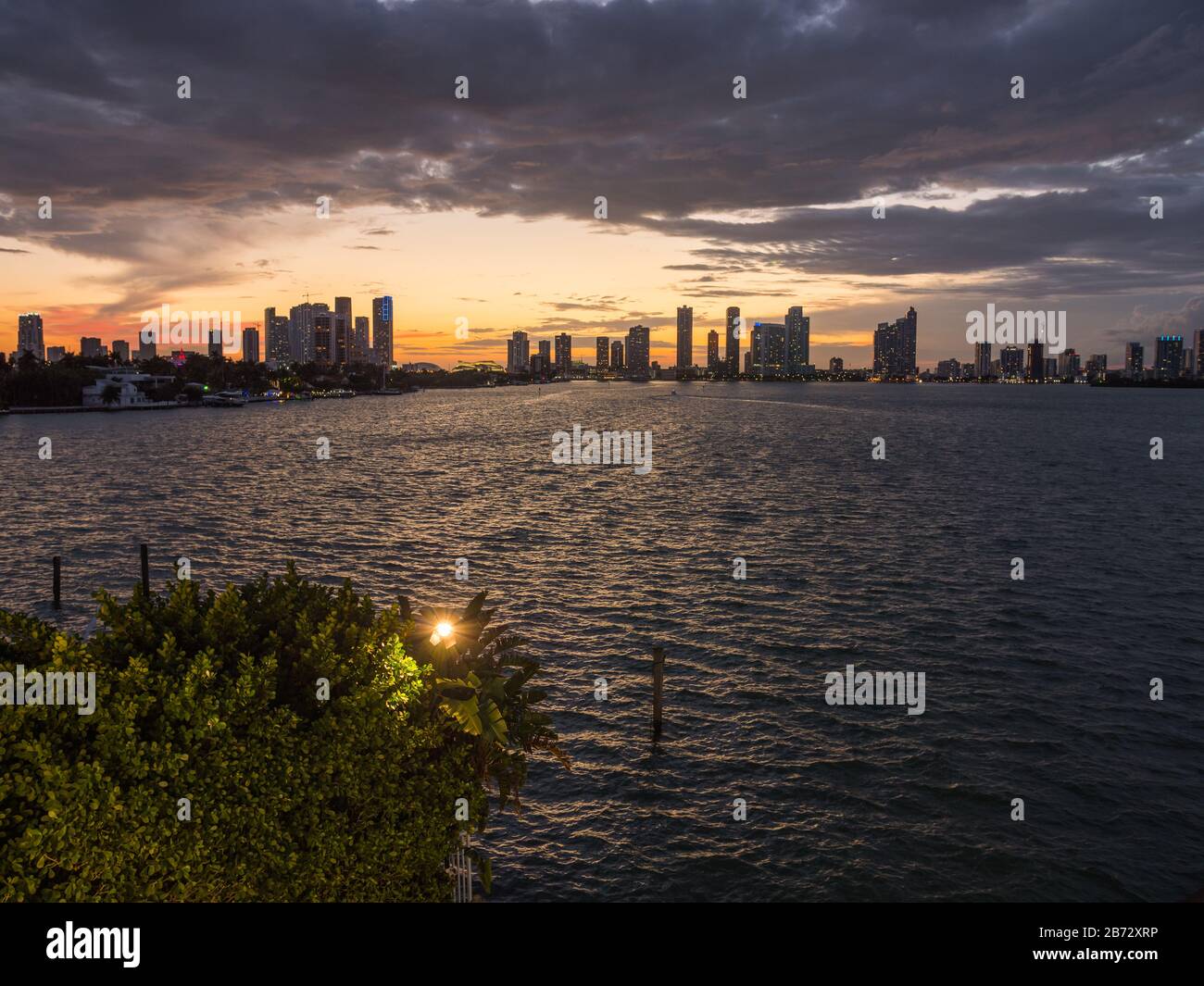 Downtown Miami sunset from the Venetian Islands (Florida). The most ...