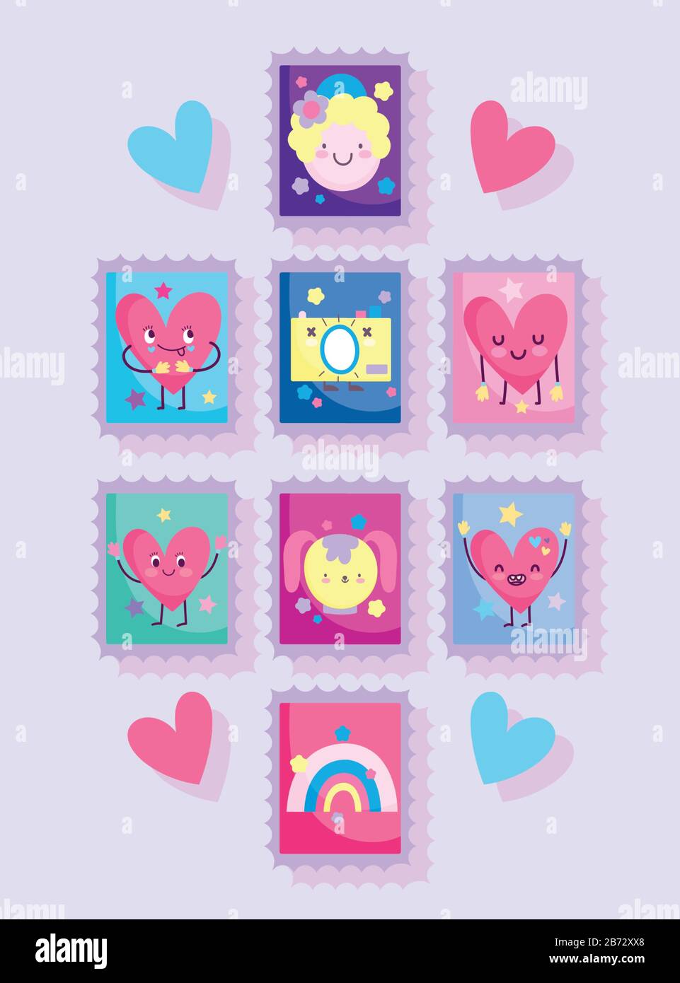 cute stamps, little boy face dog camera love hearts rainbow cartoon ...
