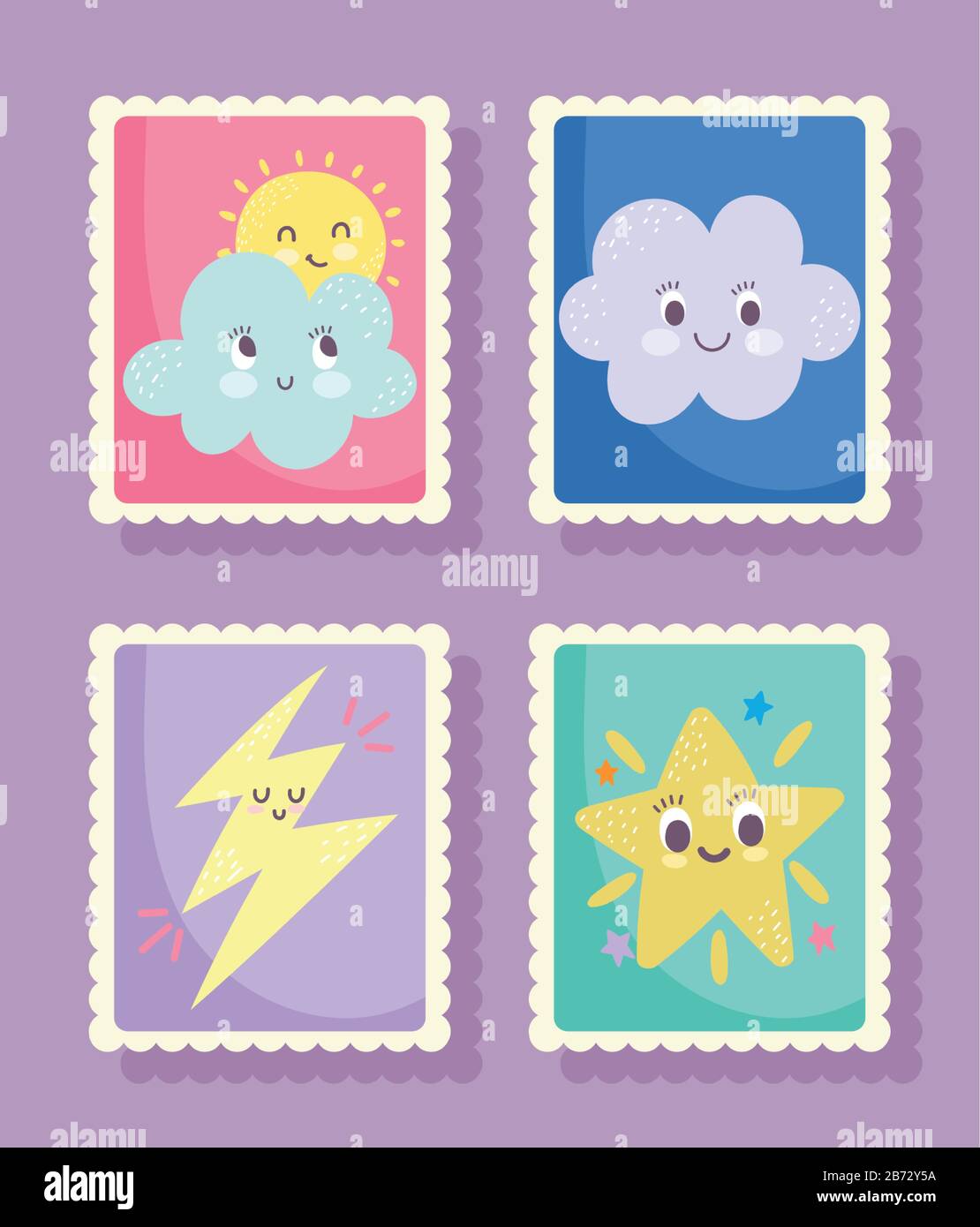 cute stamps, clouds star sun ray cartoon icons vector illustration ...