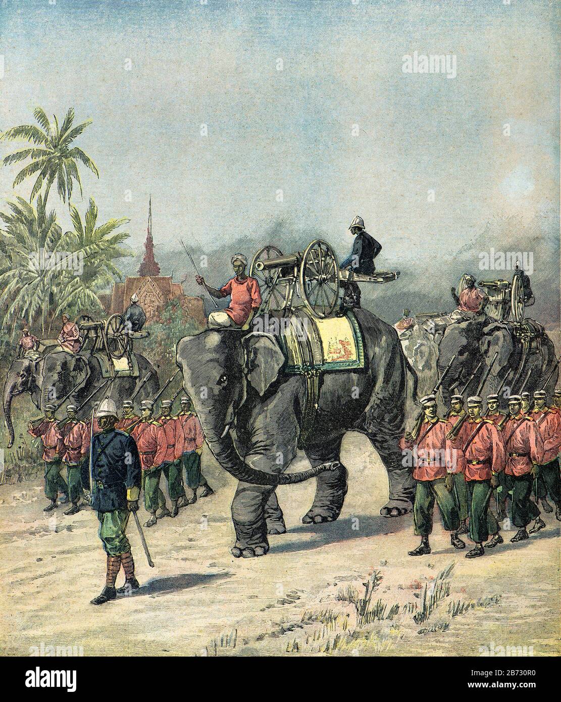 Engraving - Franco Siamese War in July 1893, the Siamese troops on the ...