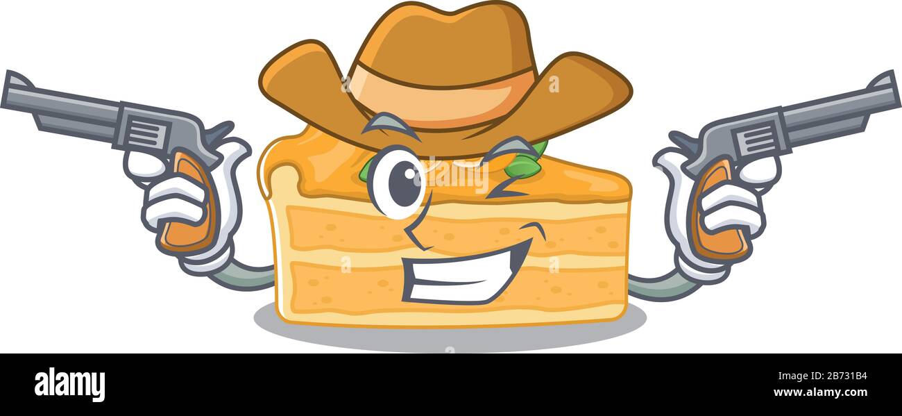 Funny cheesecake orange as a cowboy cartoon character holding guns ...