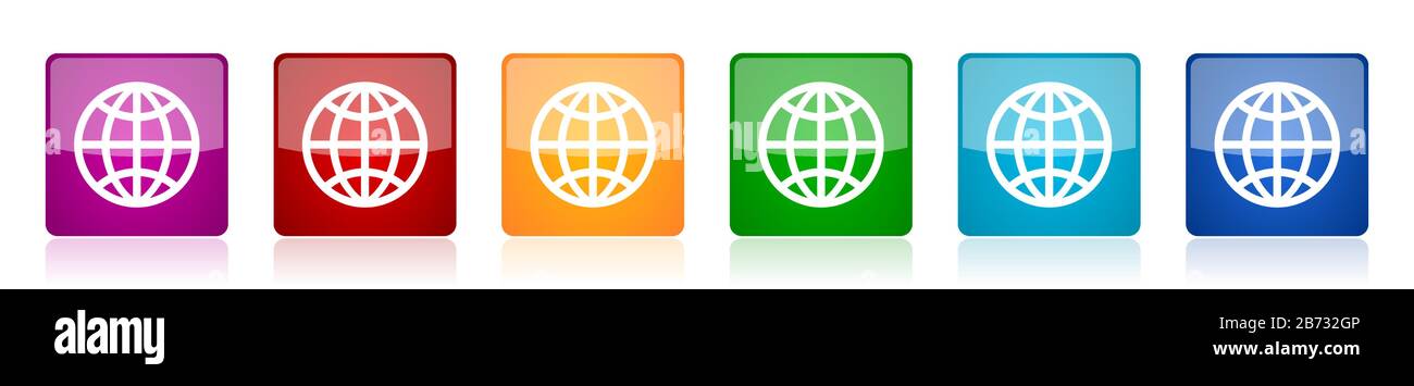 Globe icon set, colorful square glossy vector illustrations in 6 ...