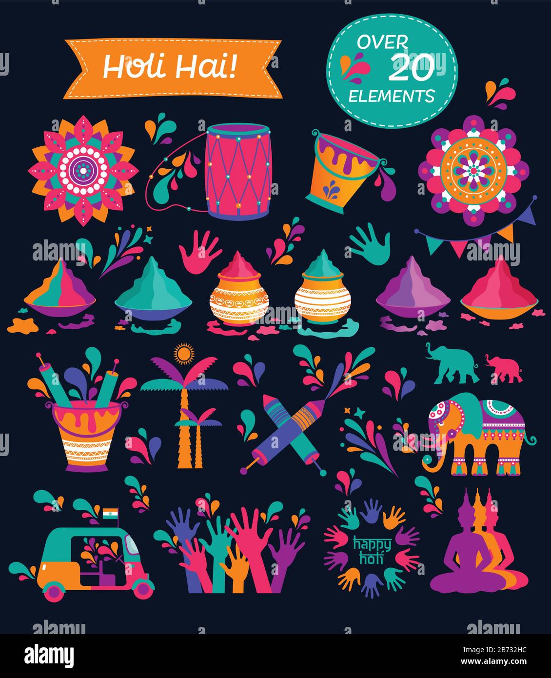 Set of Holi flat icons in indian style. Vector illustration Stock ...
