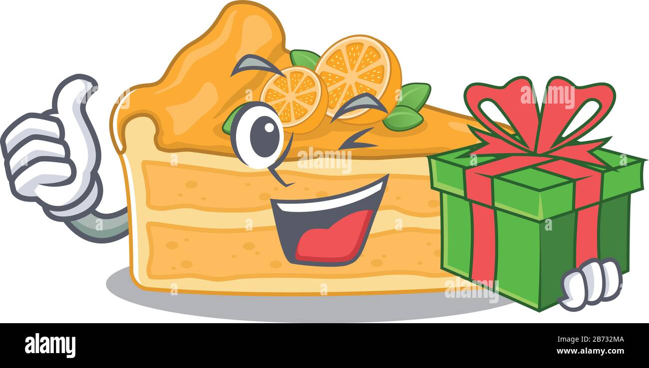 Smiley cheesecake orange cartoon character having a gift box Stock ...