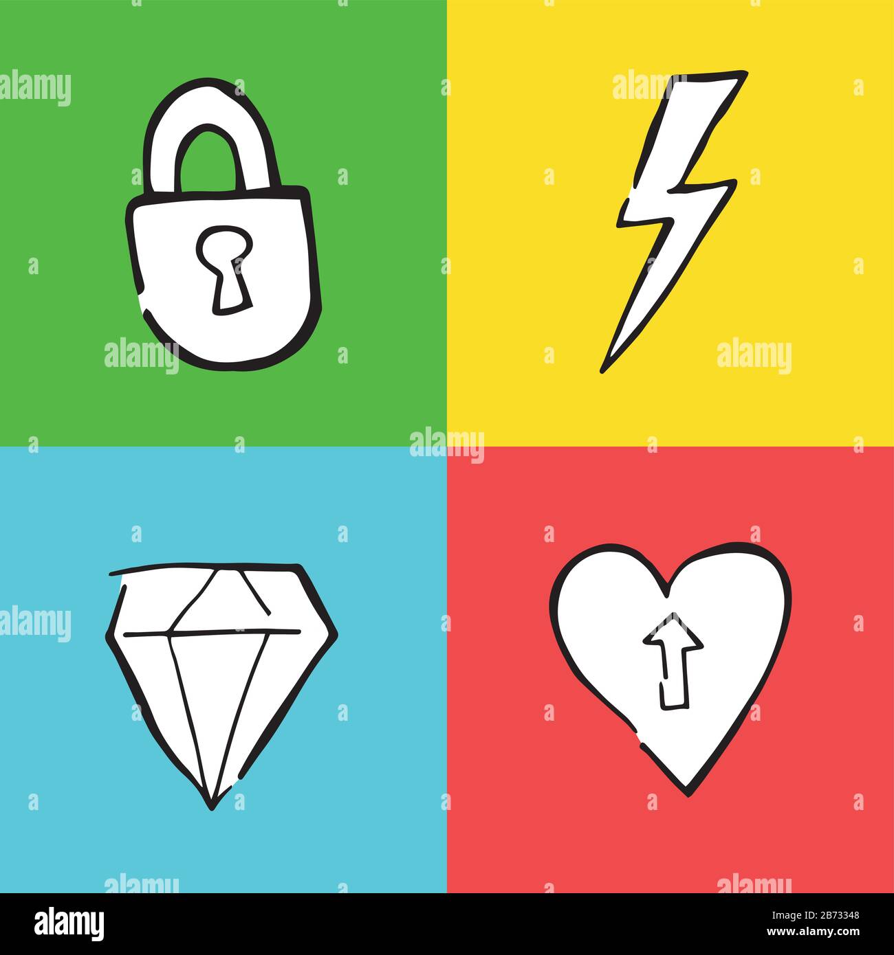 Hand drawn doodle icon objects. Locked padlock, electric, diamond and ...