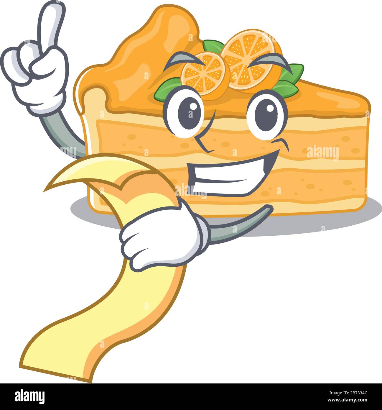 cartoon character of cheesecake orange holding menu ready to serve ...