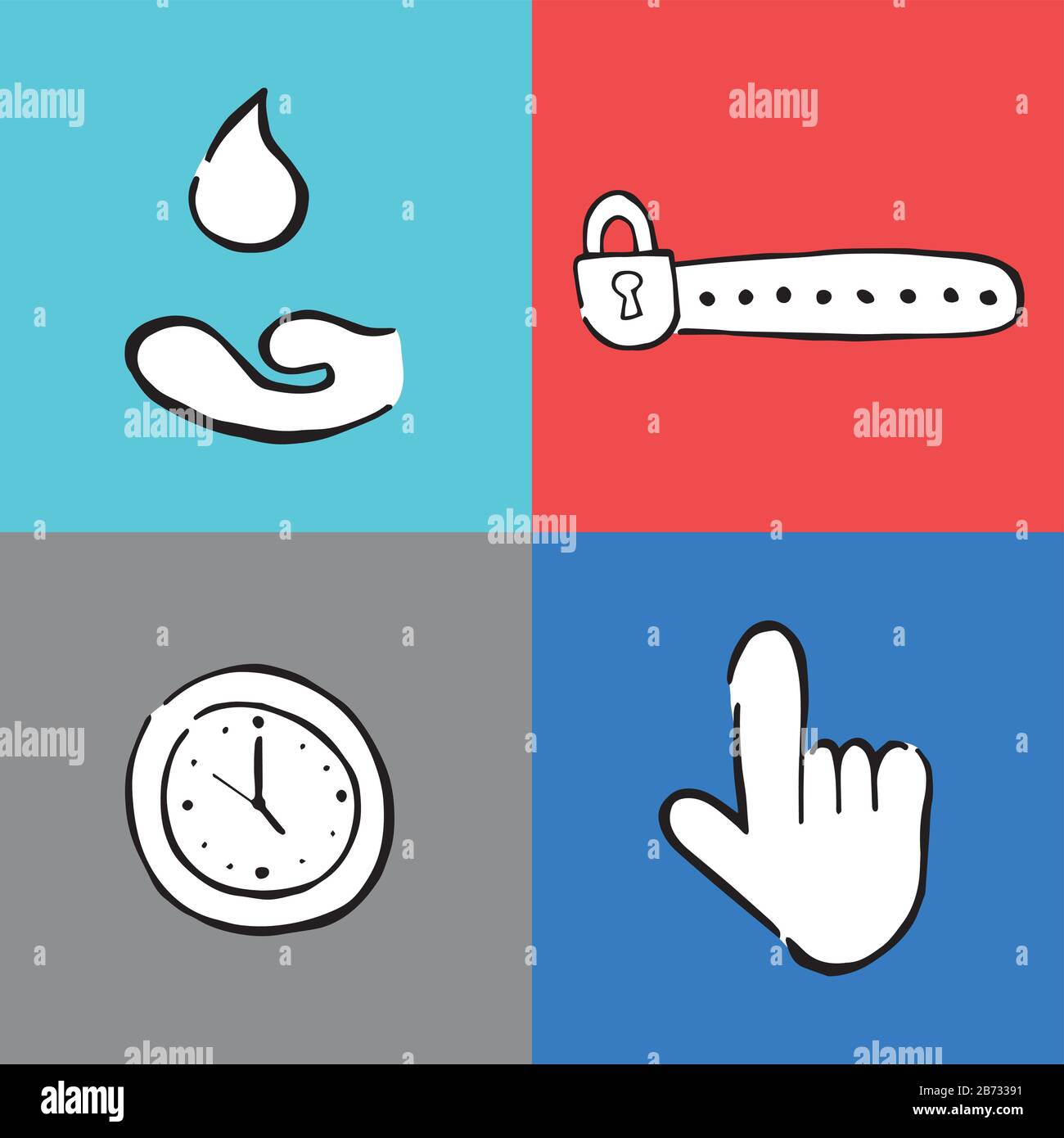 Hand drawn doodle icon objects. Water drop and hand, locked password ...