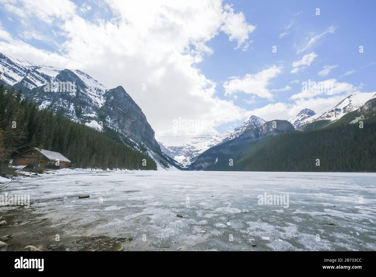 Mount fairview, partly frozen lake, Lake Louise Banff National Park ...