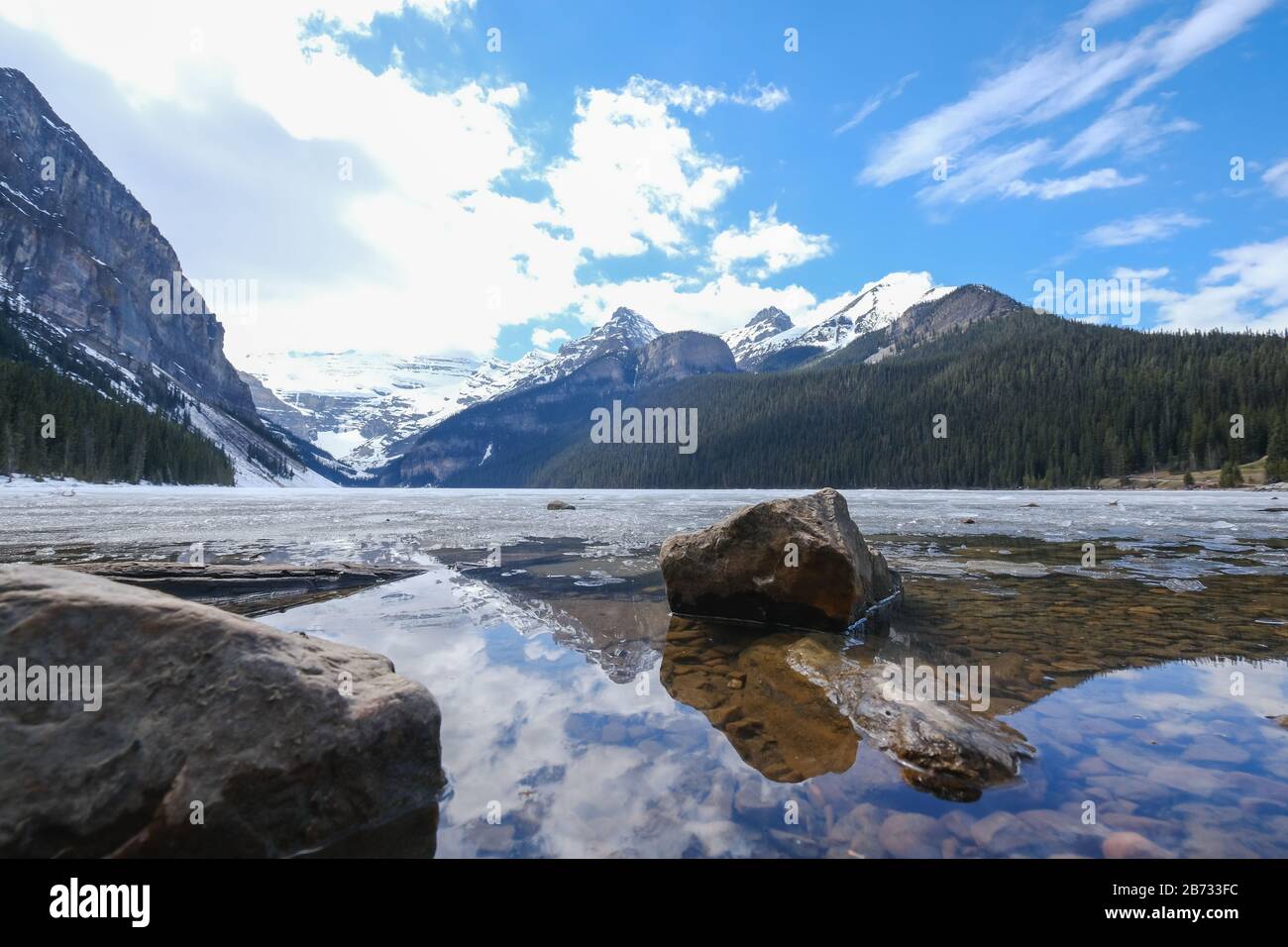 Mount fairview, partly frozen lake, Lake Louise Banff National Park ...