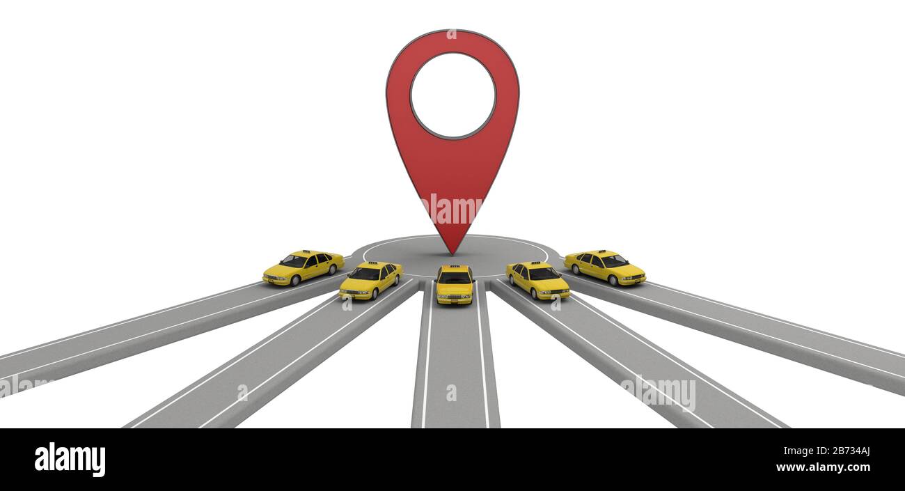 group of taxi cars at one map point. 3d rendering Stock Photo - Alamy