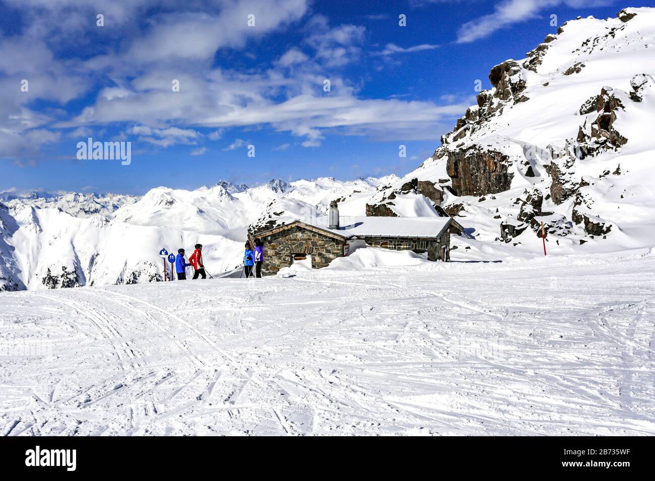 High mountain view in winter. Ski routes in the mountains. Snowy winter ...