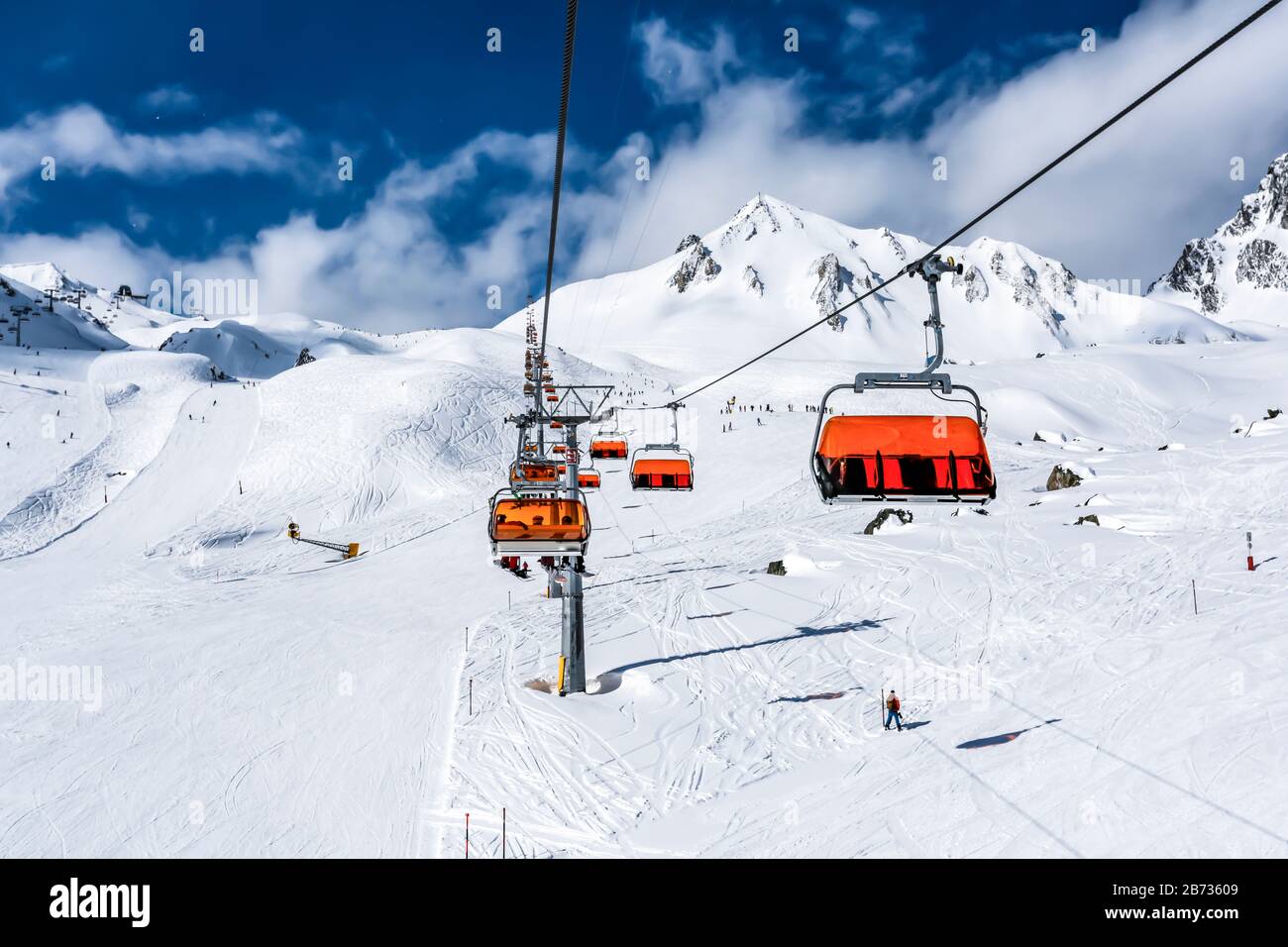 High mountain view in winter. Ski routes in the mountains. Snowy winter ...